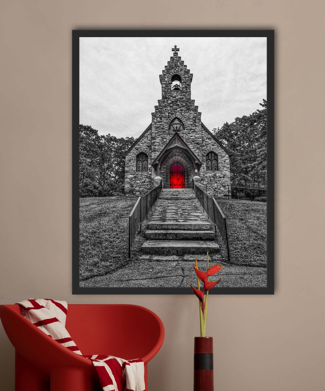 Maine Stone Church Print: Red Door Gothic Architecture (digital ...