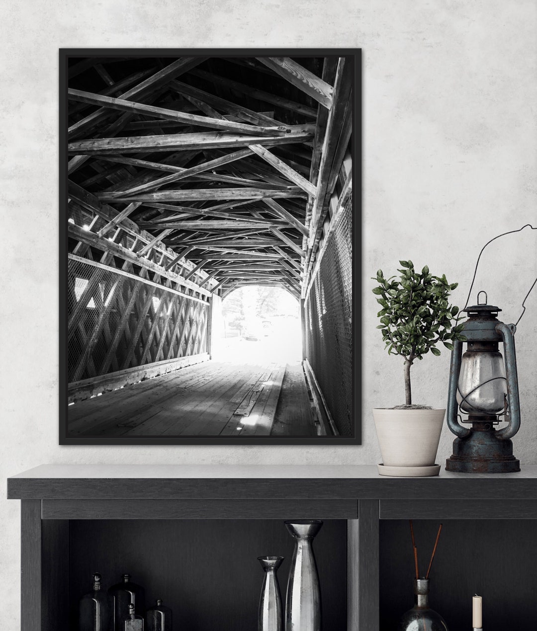Inside Covered Bridge East Coast Vermont Black and White Wall Art ...