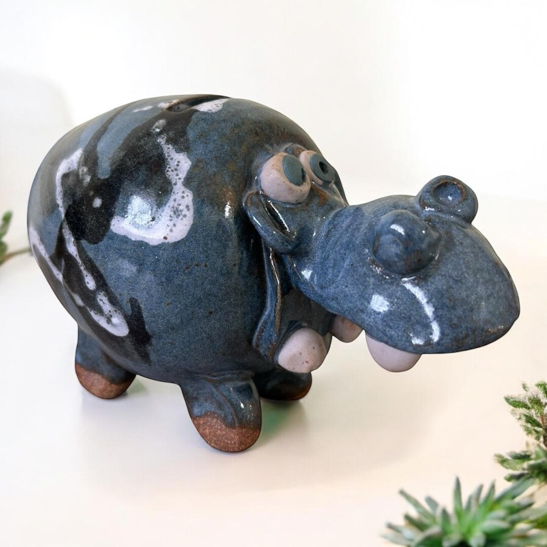 Vintage 1990s John Pettus Pottery Crazy Blue Hippo Coin Bank - Etsy