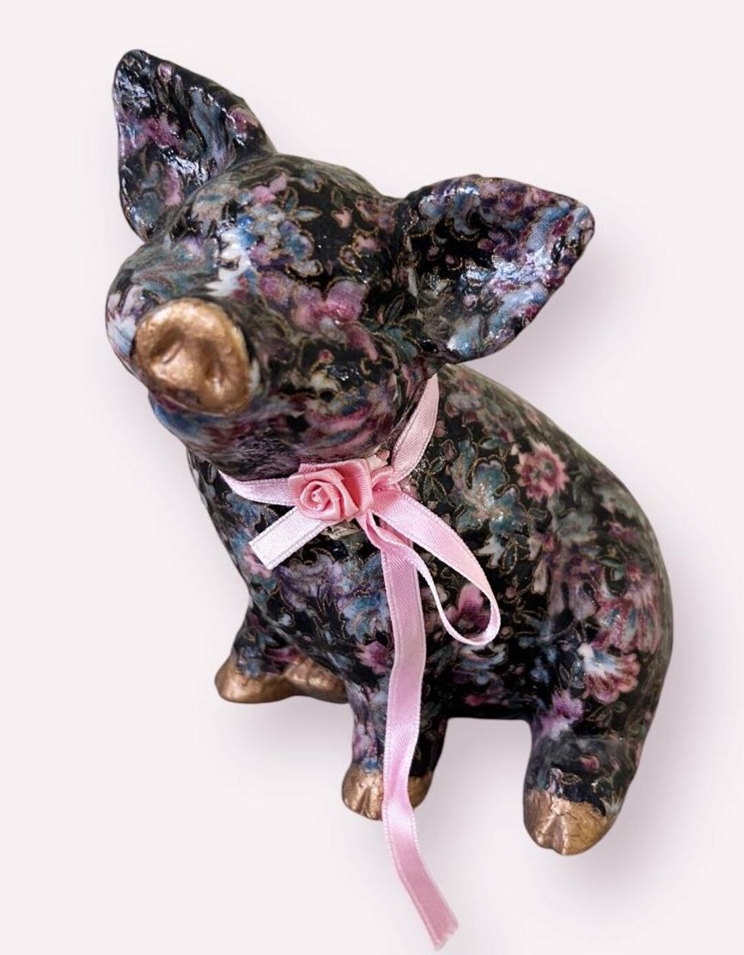 Vintage Black Floral Chintz Decoupage Sitting Pig Pink Bow Figurine ...