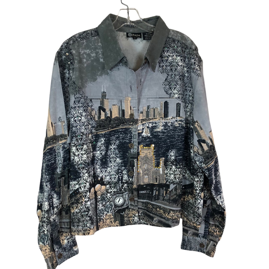 Vintage Papa Artsy City Scape Button Front Unlined Lightweight Jacket ...
