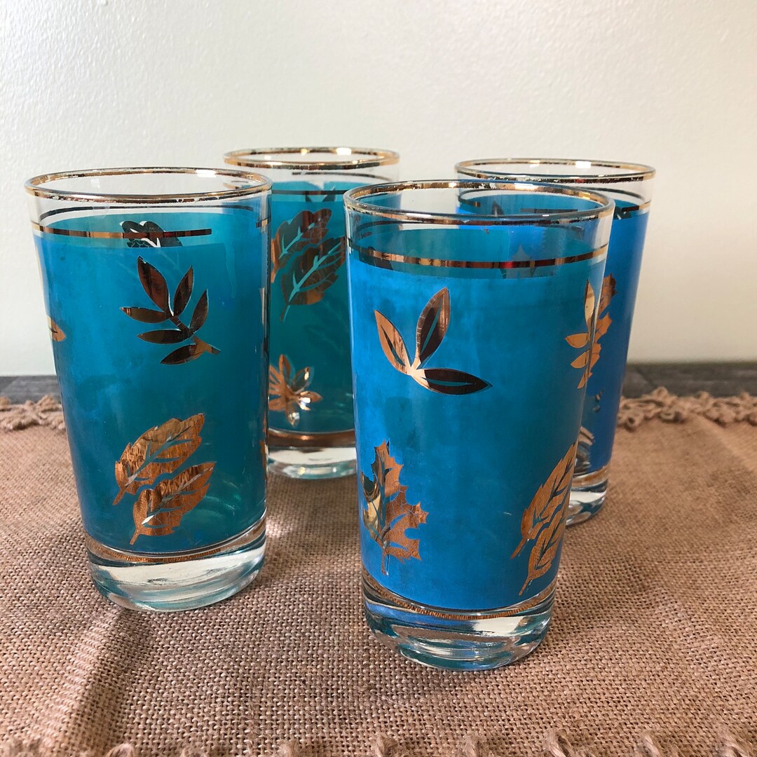 Vintage Libbey Aqua Gold Leaf Frosted Drink Glass Tumbler Set of 4 - Etsy