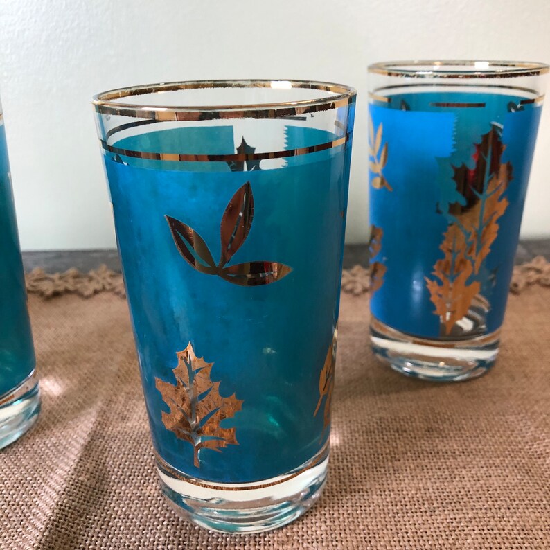 Vintage Libbey Aqua Gold Leaf Frosted Drink Glass Tumbler Set of 4 - Etsy