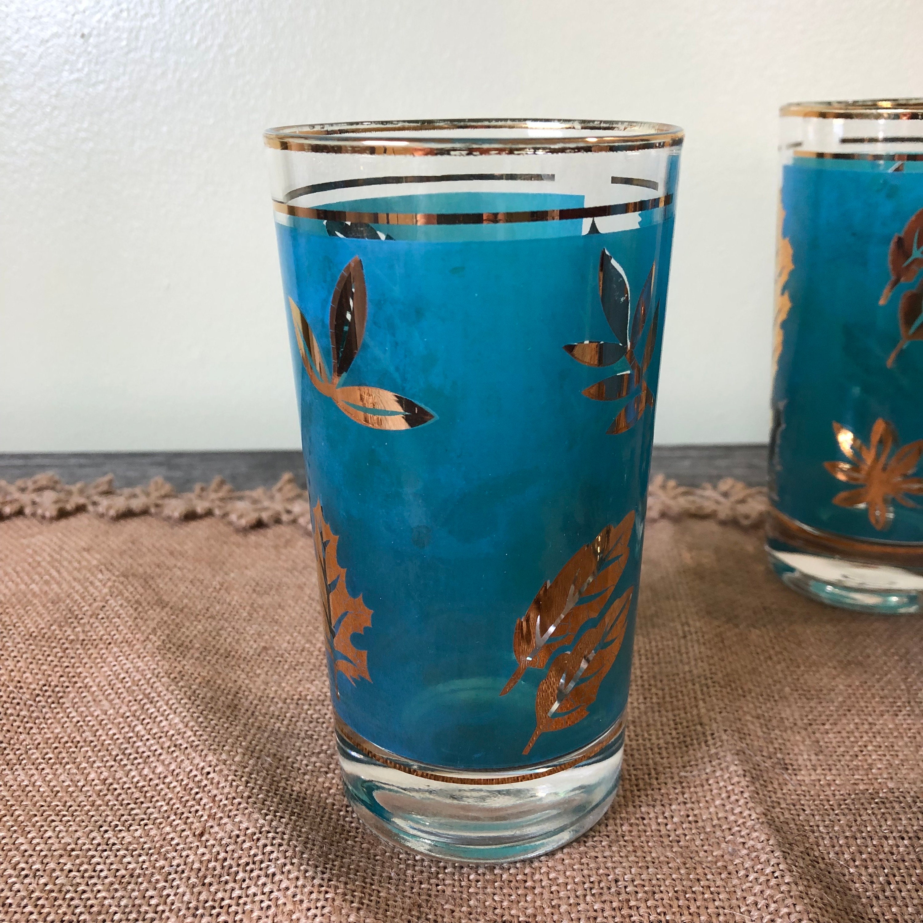 Vintage Libbey Aqua Gold Leaf Frosted Drink Glass Tumbler Set of 4 - Etsy