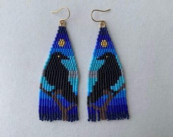 Jungle Raven Beaded Fringe Earrings – Seed Bead Crow Earrings ...