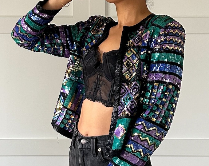 Vintage Sequin Silk Cropped Jacket | Laurence Kazar Silk Sequin Crop ...