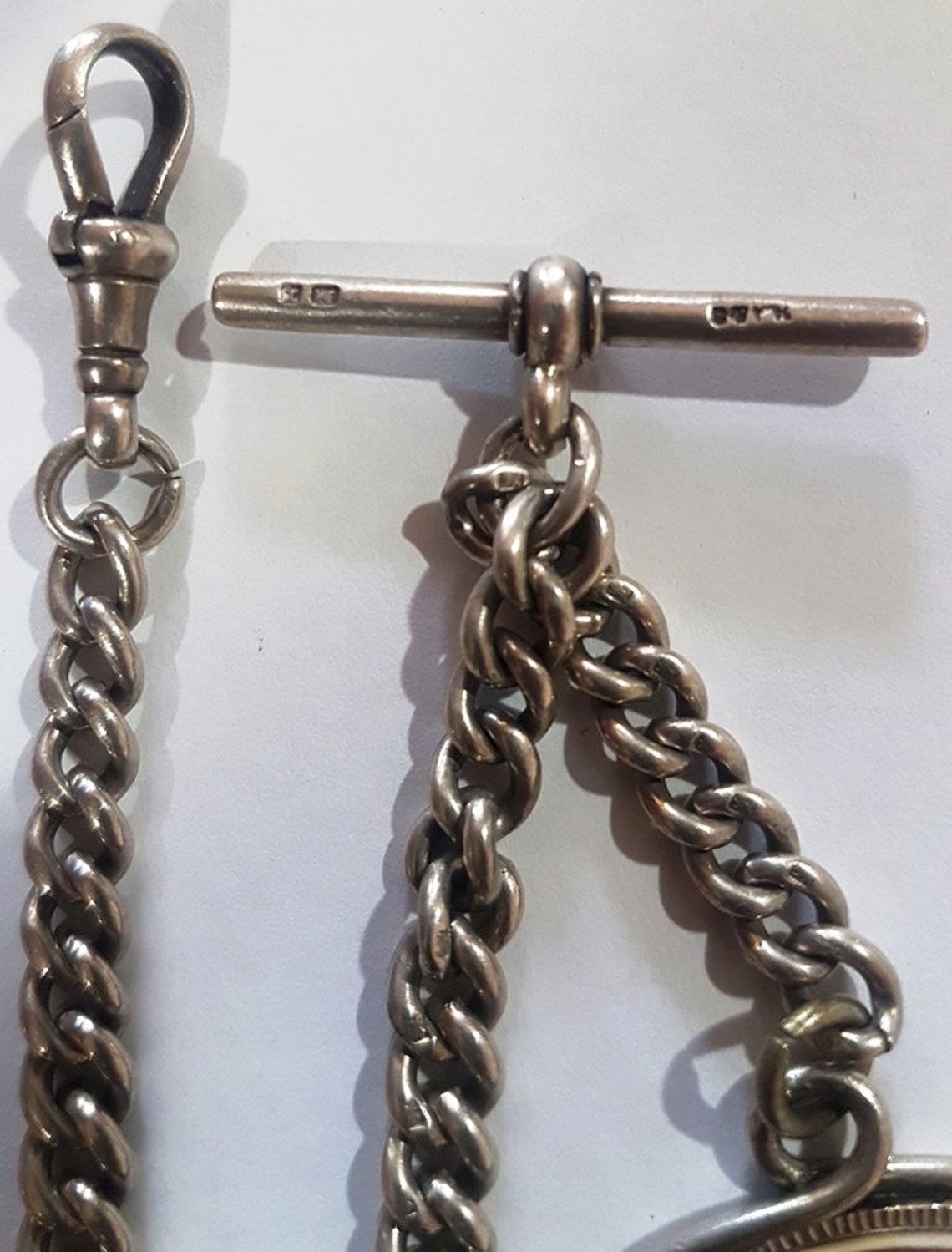 Antique Hallmarked British Sterling Silver Watch Chain With Pewter Fob ...