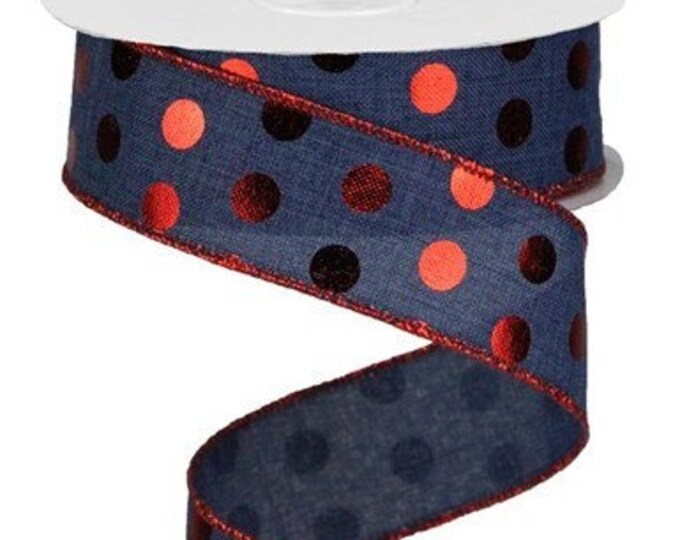 Navy Blue Red Patriotic Metallic Polka Dot Wired Ribbon by the Roll 1.5 ...