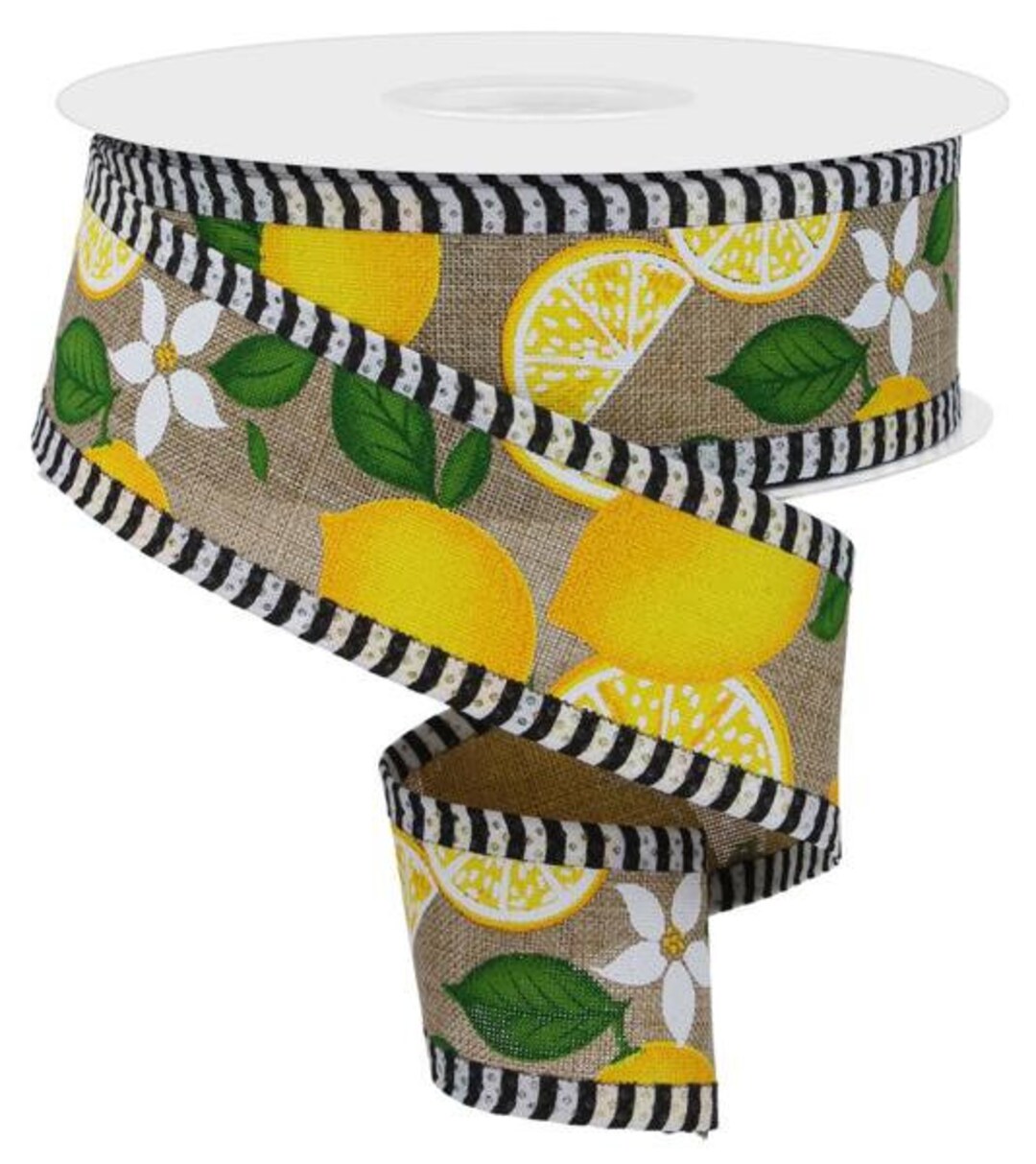 Lemon W/ Striped Edge Wired Ribbon by the Roll 1.5" X 10 Yards ...