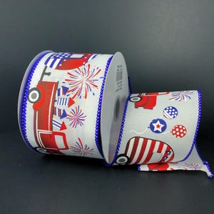 Patriotic Camper Red Truck Fireworks Wired Ribbon by the Roll 2.5" X 10 ...