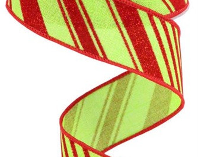 Lime Green Red Christmas Glitter Velvet Diagonal Stripe Wired Ribbon by ...