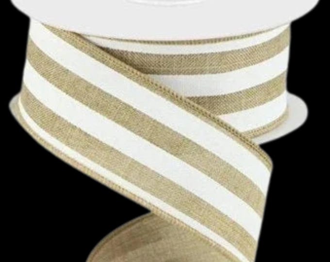 Tan Beige White Stripe Wired Ribbon by the Roll 1.5" X 10 Yards ...