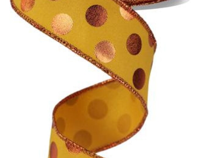 Dark Mustard Yellow Copper Metallic Polka Dots Fall Wired Ribbon by the ...