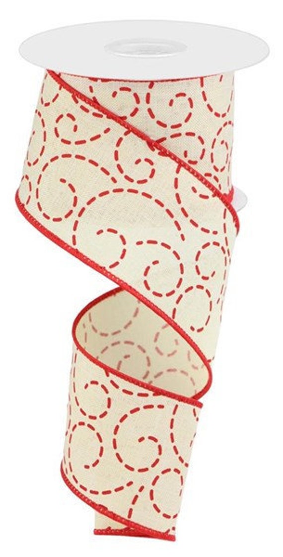 Dashed Swirls Cream Red Wired Ribbon by the Roll 2.5 X | Etsy