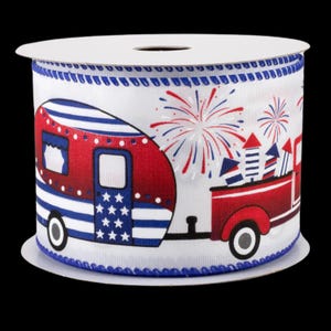 Patriotic Camper Red Truck Fireworks Wired Ribbon by the Roll 2.5 X 10 ...