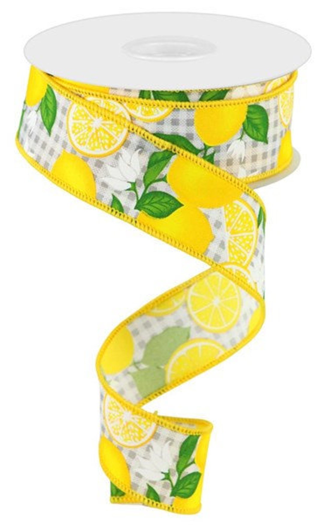 Lemon With Light Grey White Check Wired Ribbon by the Roll for Wreaths ...