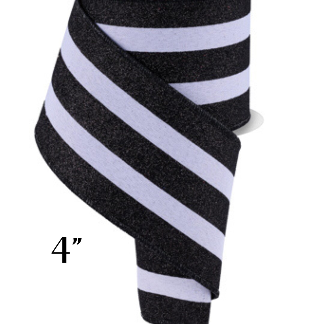 Black White Glitter Stripe Black Satin Fused Backing Wired Ribbon by ...