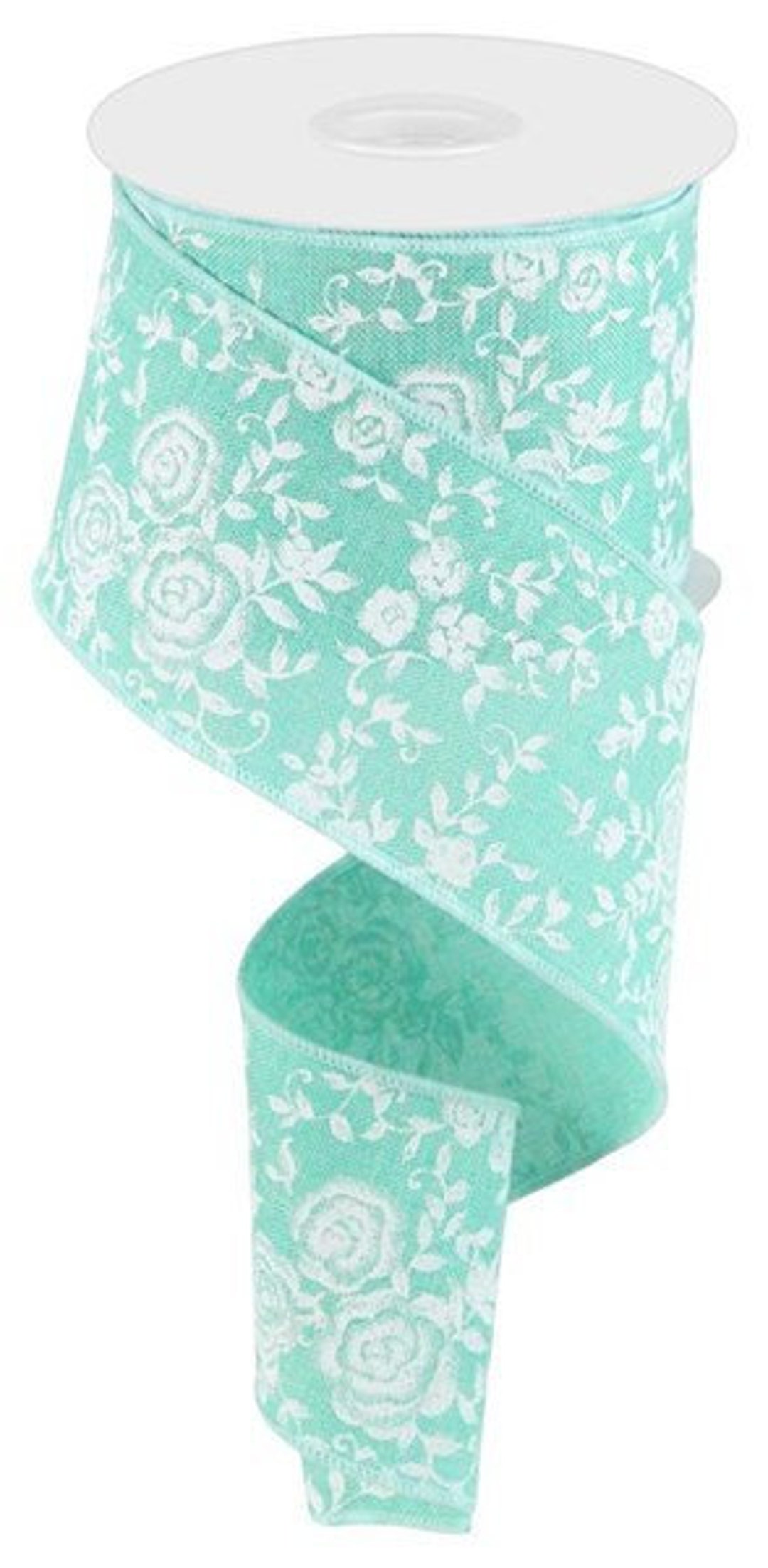 Dark Mint Green White Mini Rose Floral Wired Ribbon by the Roll 2.5" X ...