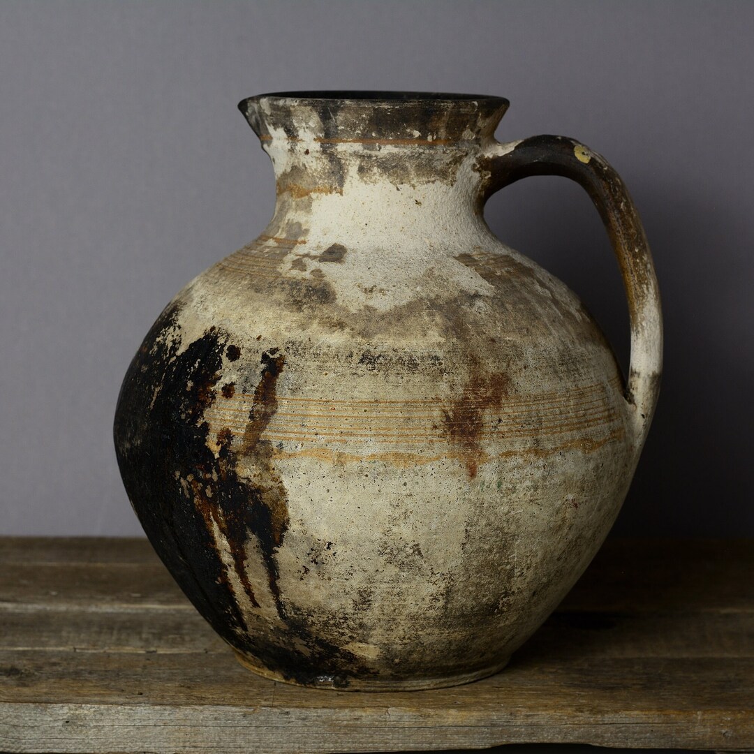 262 Large Gray Terracotta Pitcher, Ukrainian Antique Rare Clay Jag ...