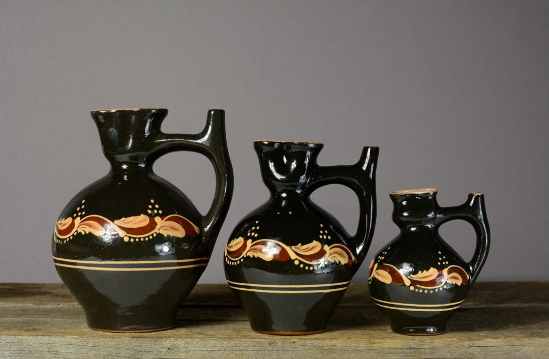 Rare Ancient Set of Three Glazed Pottery Ceramic Jugs, Vintage Barware ...
