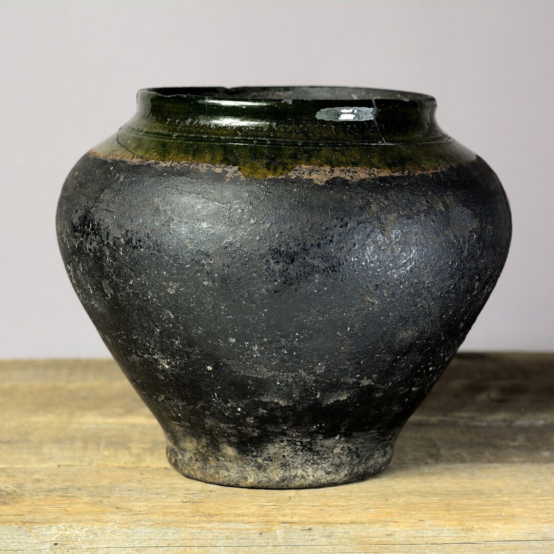 350 Unique Rare Black Clay Pot With Green Glaze, Wabi-sabi Antique ...