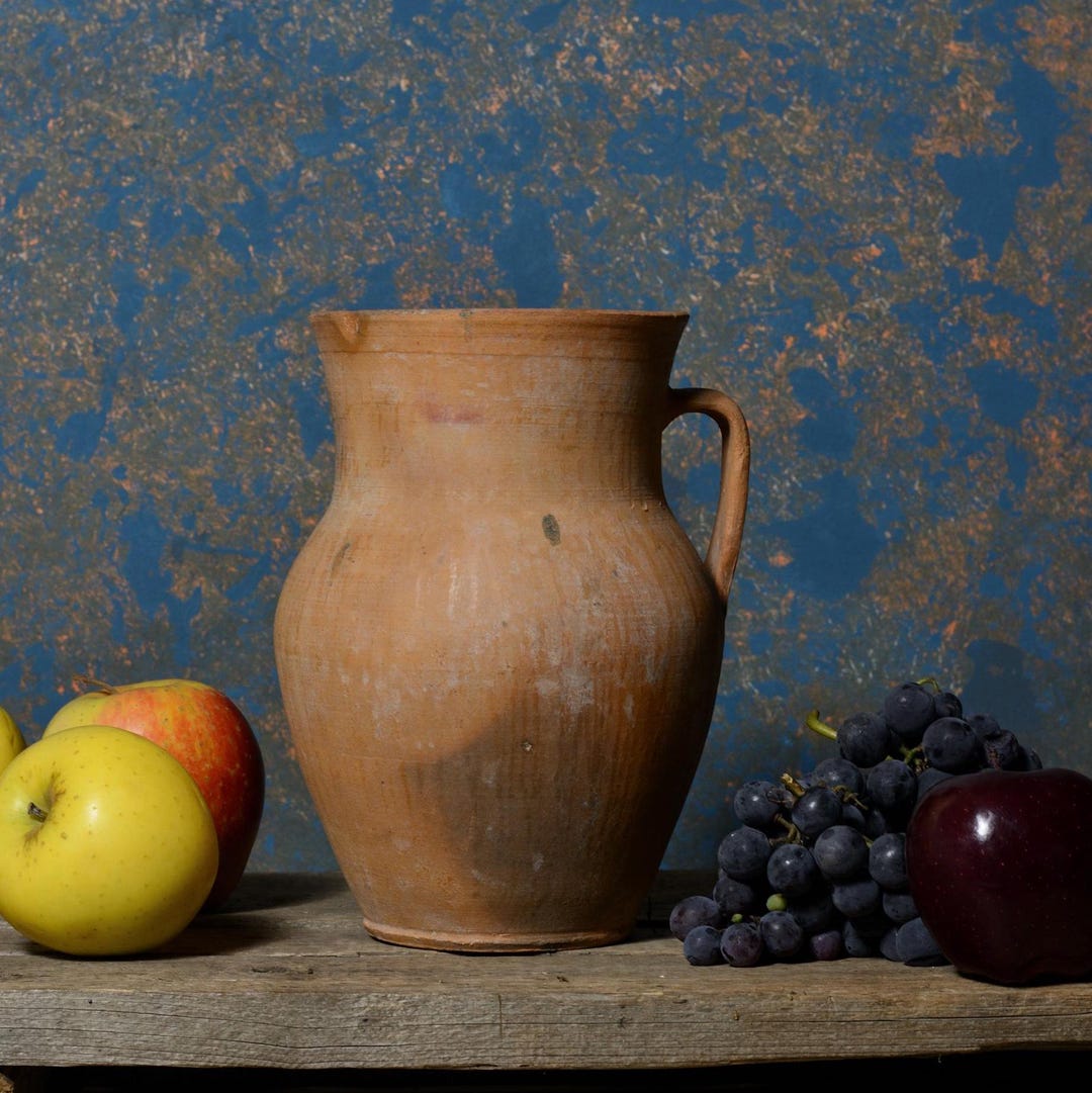 487 Beige Vintage Terracotta Clay Pot, Antique Stoneware Vessel, Rustic ...