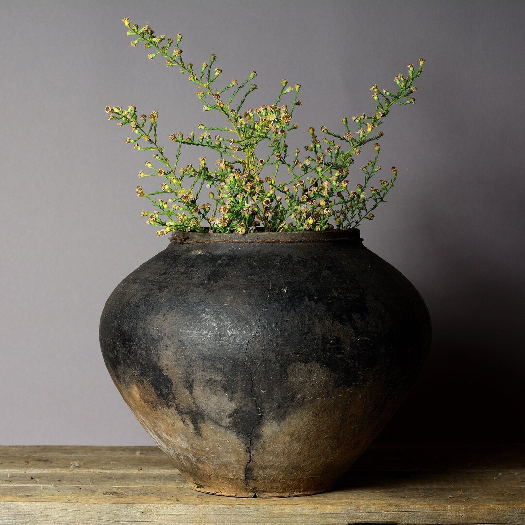 240 10 Large Old Black Round Clay Pot, Antique Stoneware Pot, Vintage ...