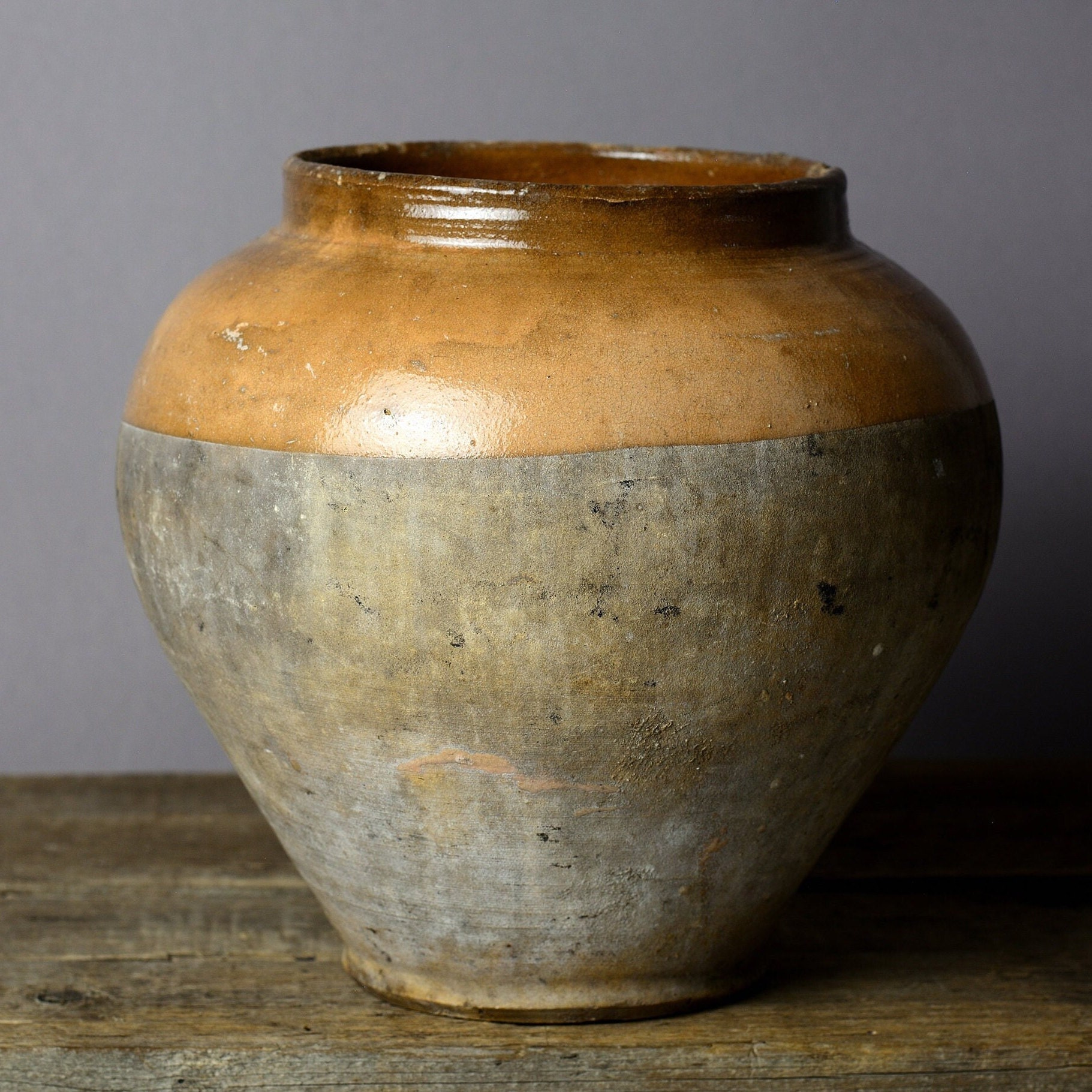 294 Antique Glazed Terracotta Pot, Antique Round Gray Clay Pot, Wabi ...