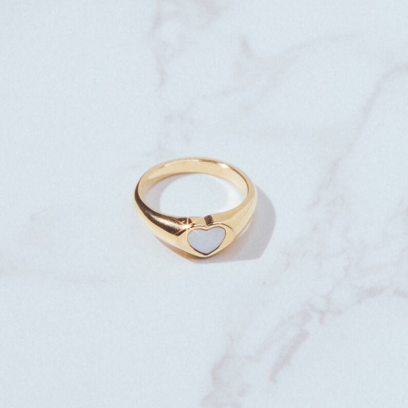 Mother of Pearl Heart Shaped Ring Flat Heart Signer Ring Hypoallergenic Love Statement Ring ...