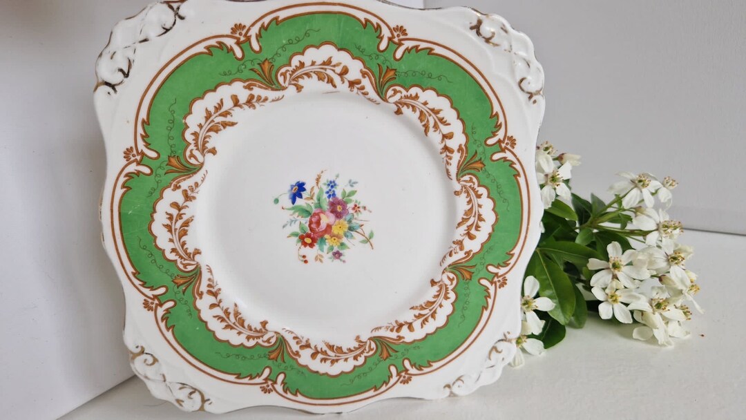 Art Deco Tuscan China Bone China Green, Gold Cake Plate Sold by J.H ...