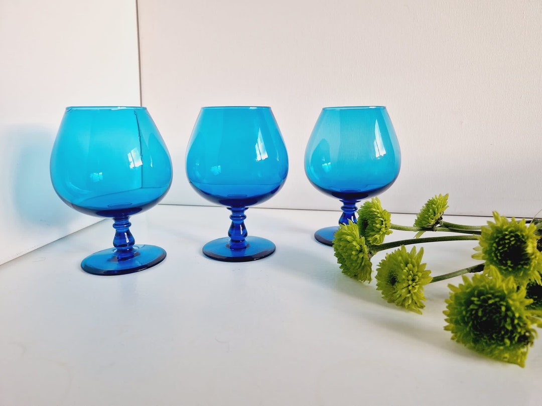 Vintage Teal Blue Small Brandy Glasses, Retro Brandy Glasses, Blue ...