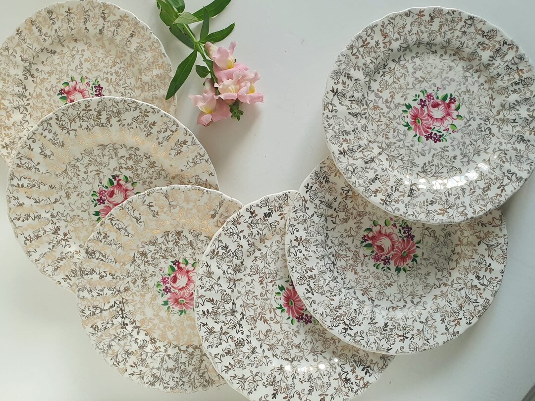 Vintage Wade Royal Victoria Gold Chintz Floral Bone China Set of 6 Cake ...