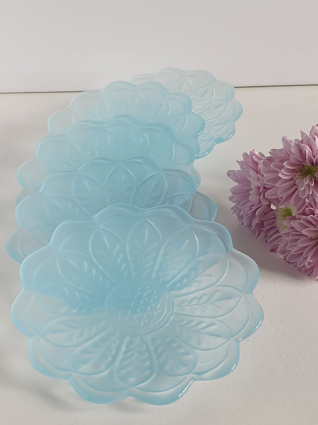 Vintage Frosted Blue Glass Flower Shape Dishes, Plates X5 - Etsy