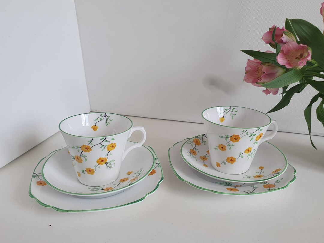 Art Deco Yellow Flower Melba Bone China Trio - Set of 2 Teacups ...