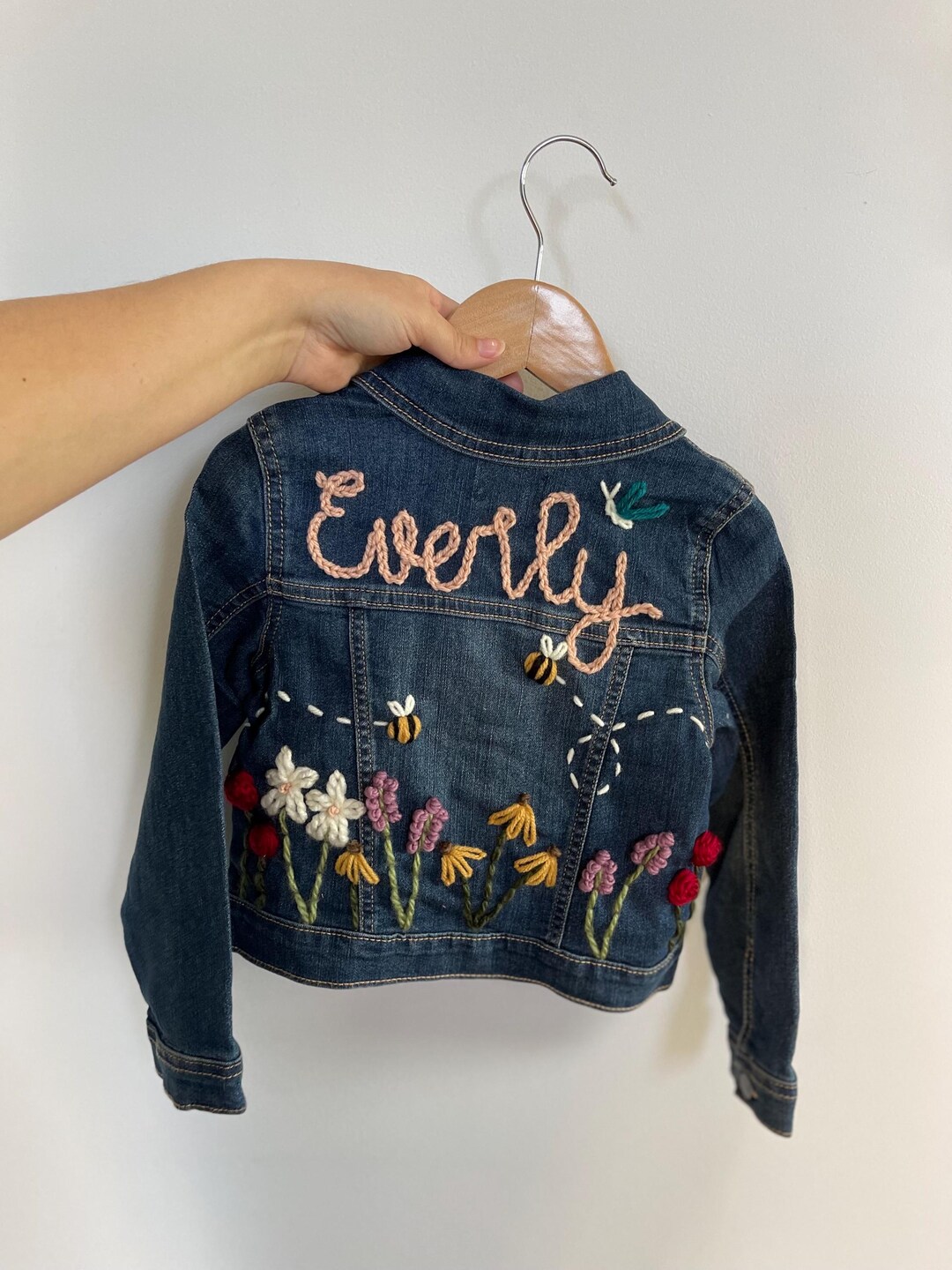 Hand Embroidered Baby Name Denim Jacket | Wildflower Garden - Etsy
