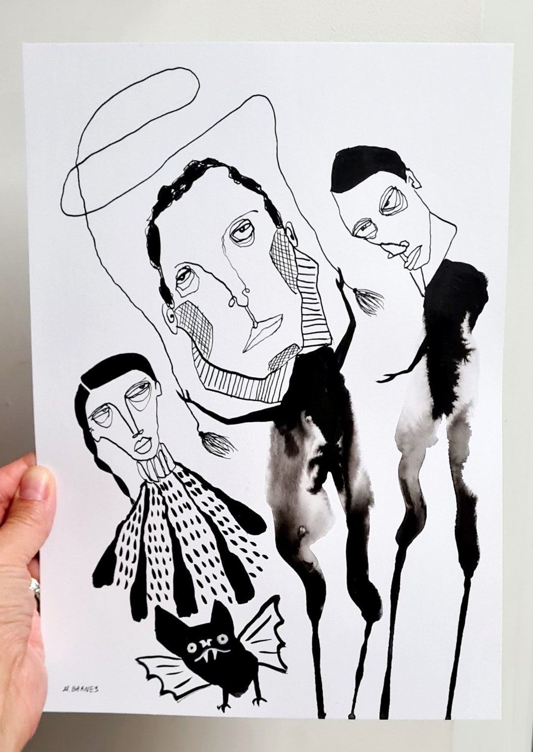 Original Ink Art: Abstract Wizards and Bat, Gothic Black & White A4 - Etsy