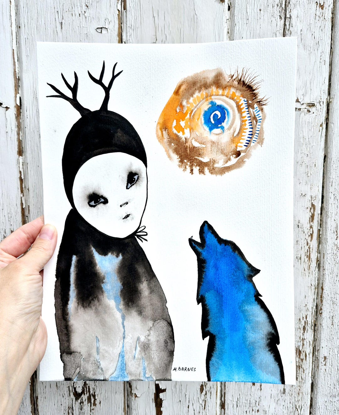 Original Art Abstract Art Shaman Blue Wolf Gothic Art Unique Design ...