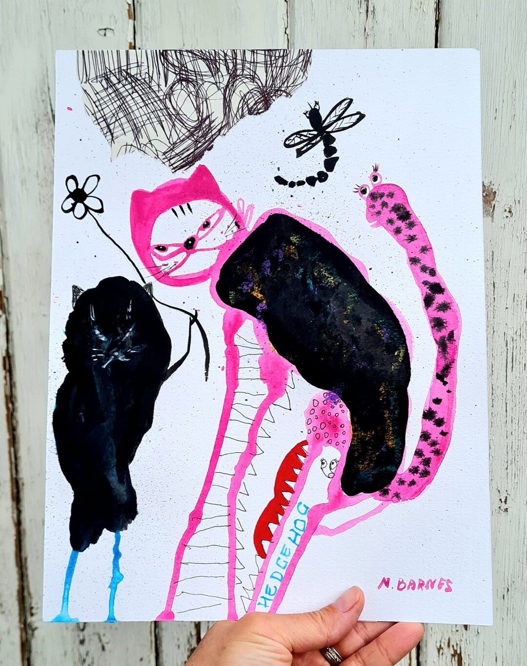 Whimsical Abstract Creatures Weird Cats Black Cat Original Art One of a ...