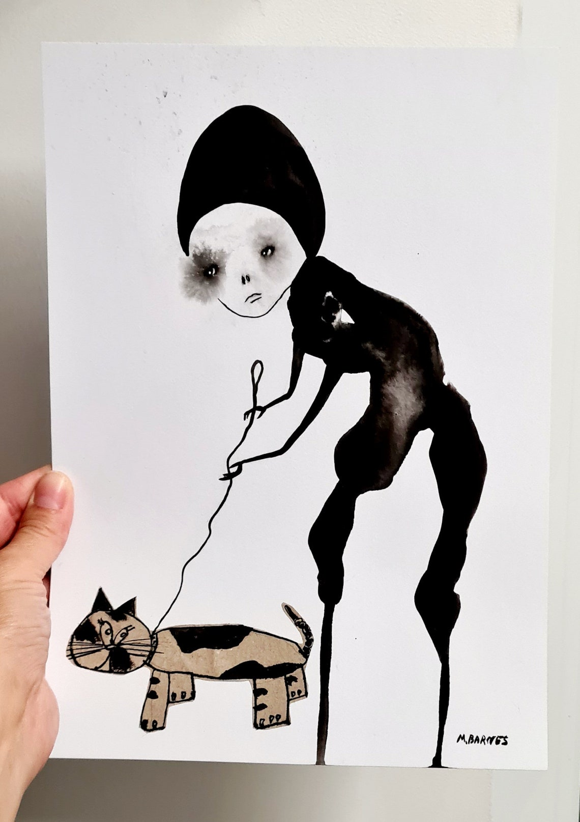 Whimsical Cat Art Print: Abstract Black and White Ink Illustration ...