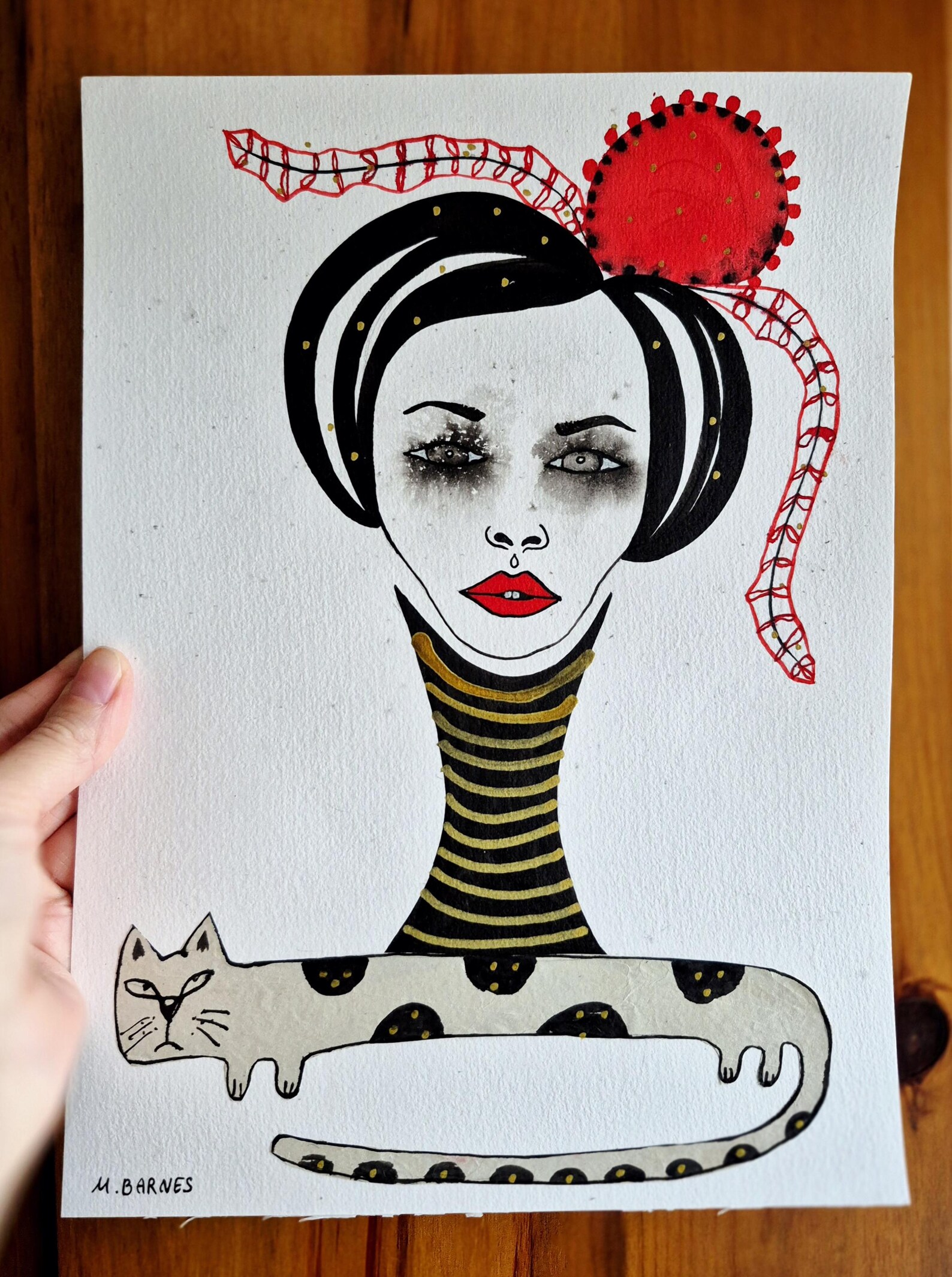 Funny Cat Art Original Drawing Funny Cat Abstract Woman Portrait Woman ...