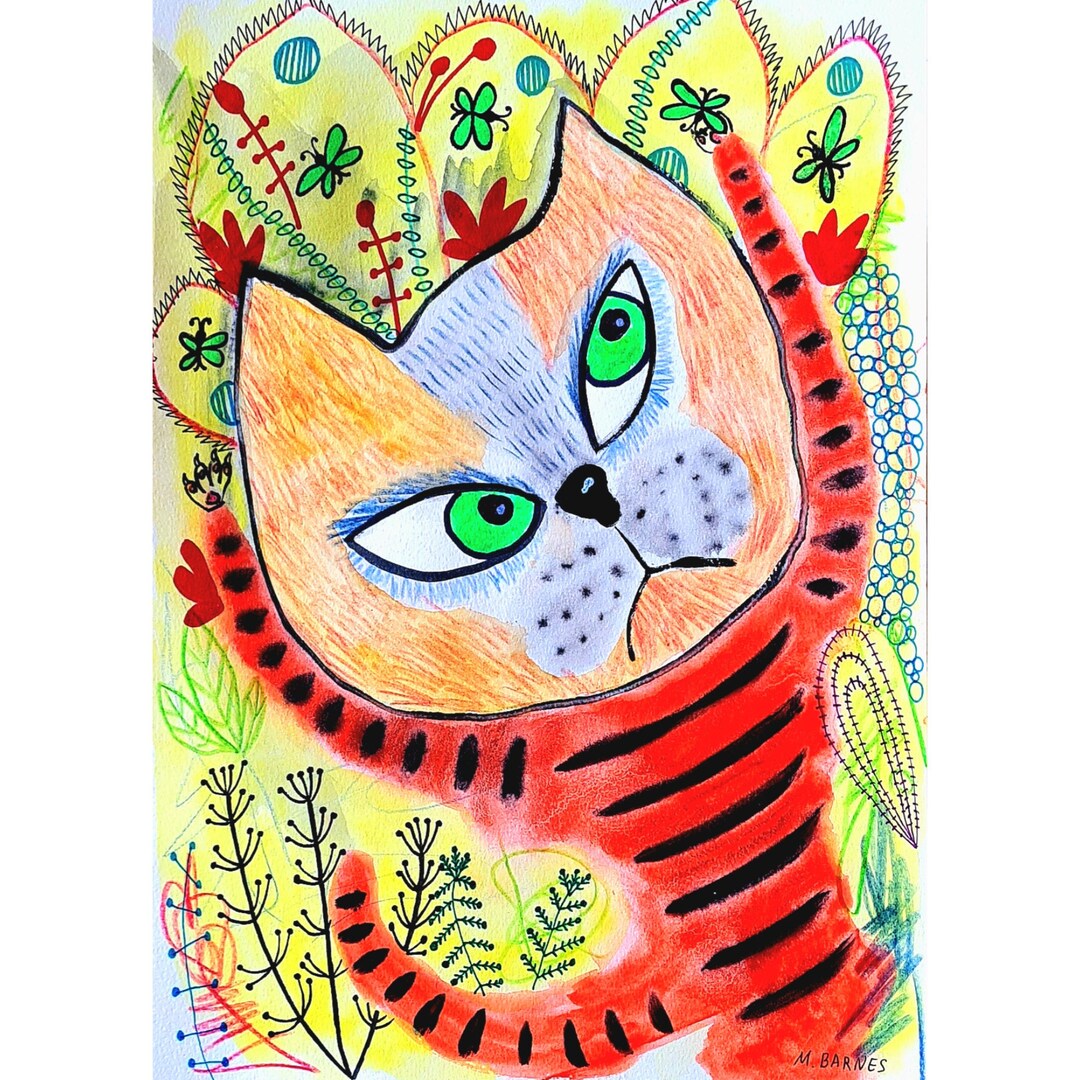 Original Cat Art One of a Kind Art Whimsical Cat Drawing Abstract Cat ...