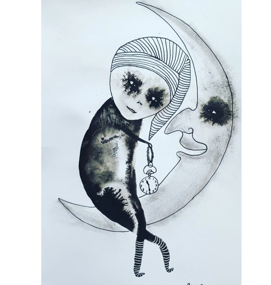 Original Ink Drawing: Whimsical Moon Art, Weird Creature - Etsy