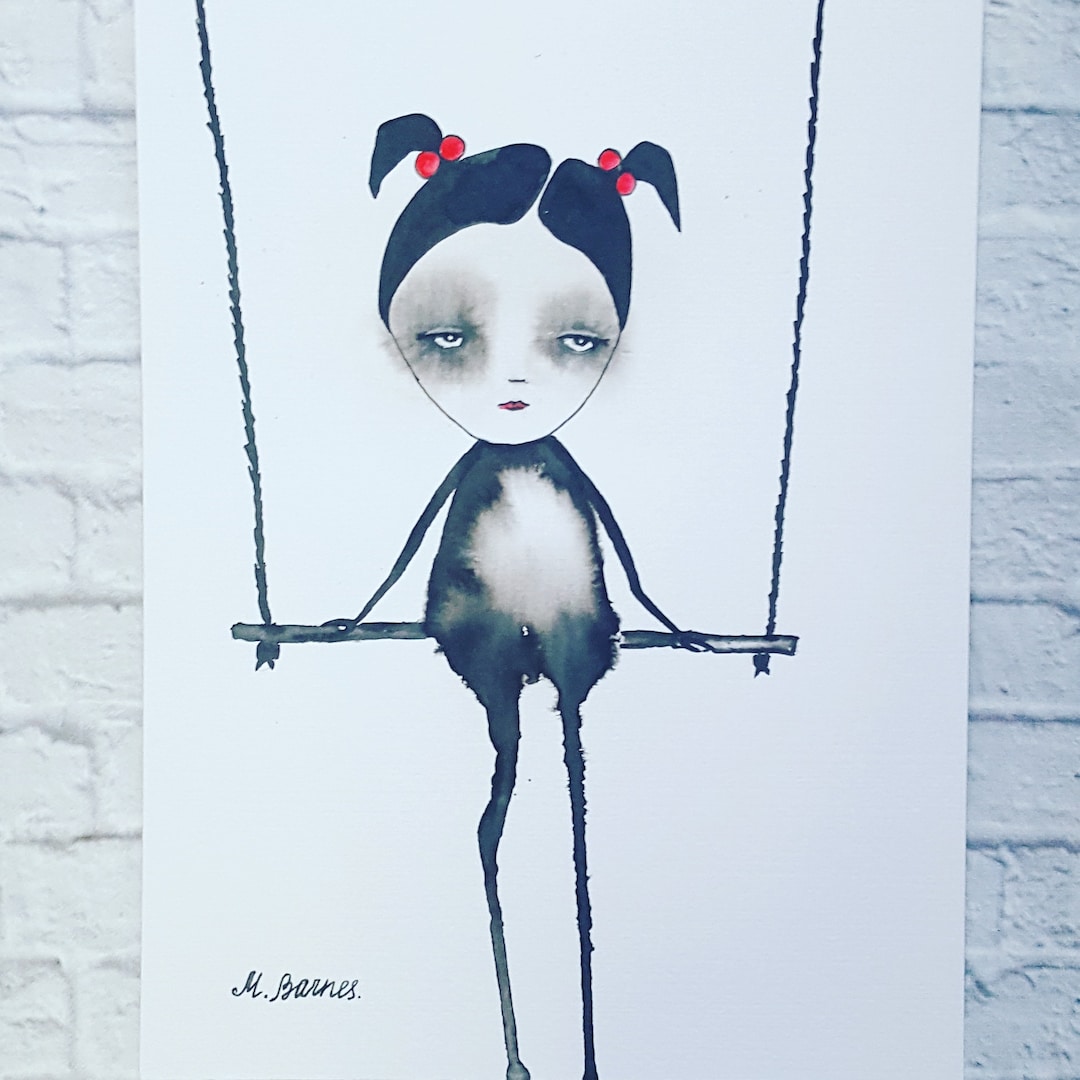 Original Ink Drawing: Girl on Swing, Art Brut, Weird Art (9x12 Inch) - Etsy