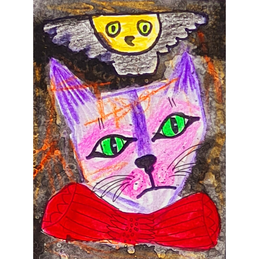 Cat and Owl , Art Print, Outsider Animals Art, Folk Art , Primitive Cat ...