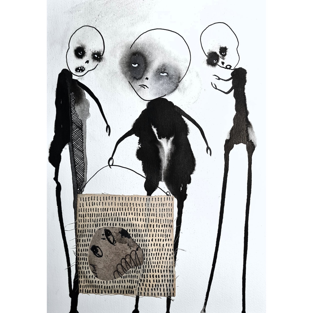 Original Ink Art: Creepy Abstract Figures, Dark Spooky Drawing - Etsy