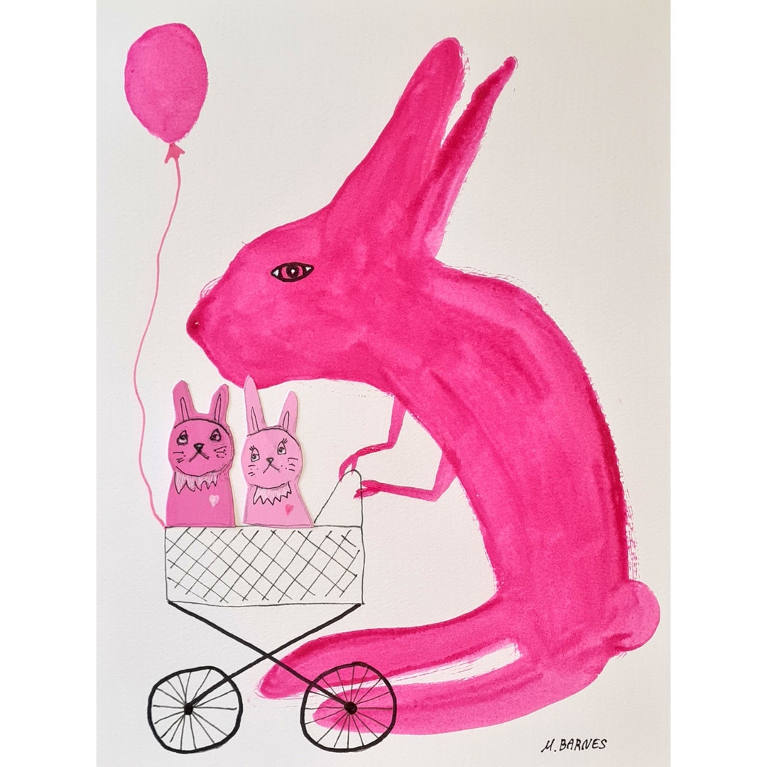 Pink Rabbit Art Print: Whimsical Mother and Babies Painting - Etsy