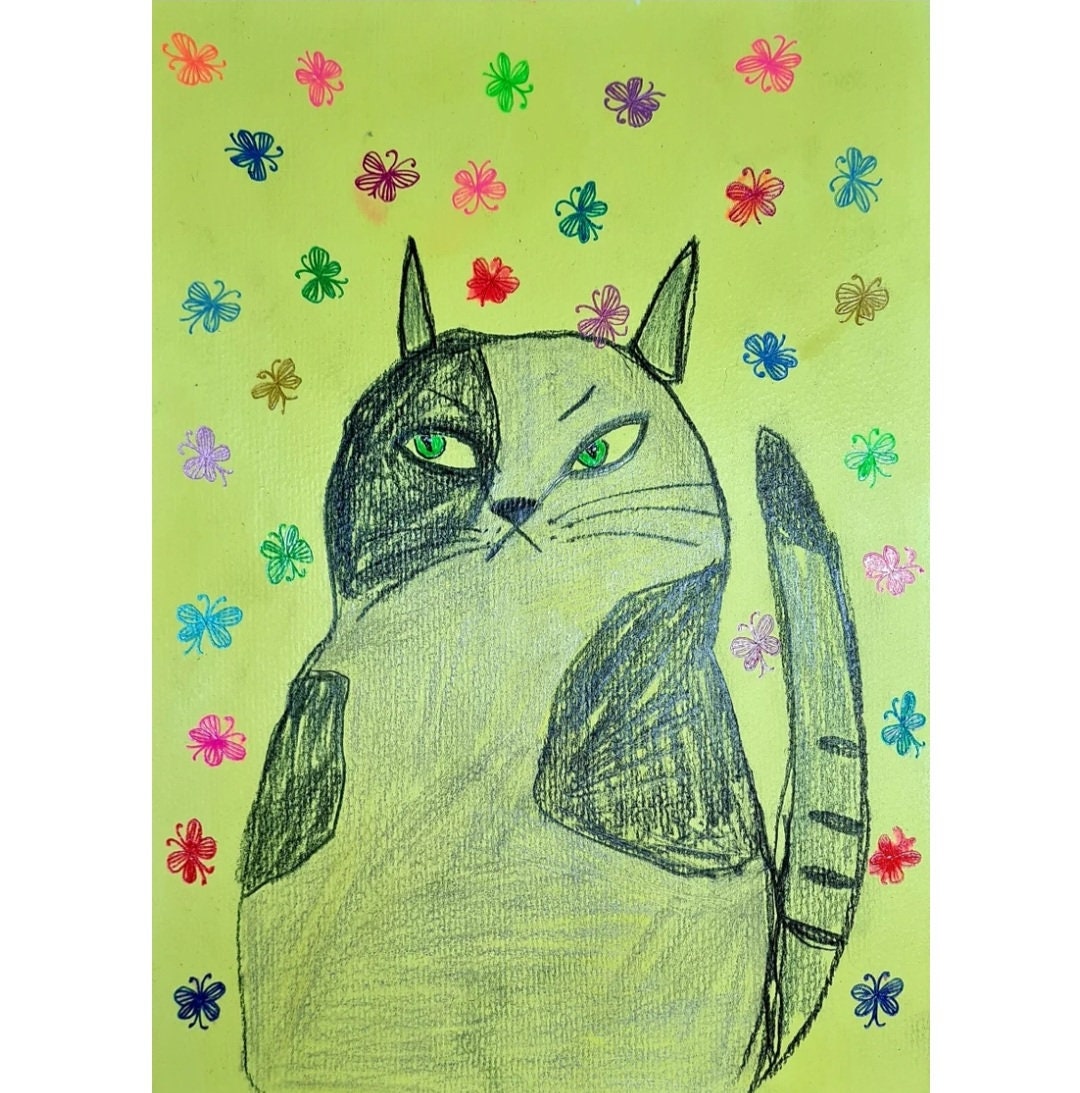 Original Art Outsider Art Gift for Cat Lovers Whimsical Funny Cat Weird ...