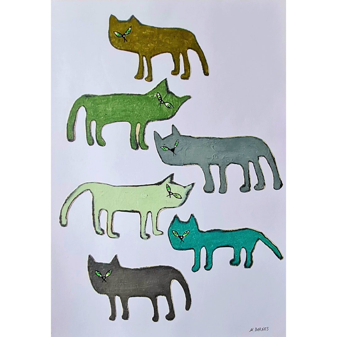 One of a Kind Art A 3 Cat Art Outsider Art Simple Cats Drawing Original ...