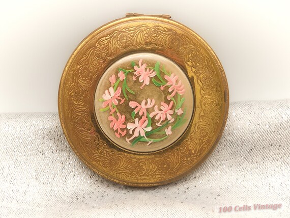 Rustic Pink Floral on Gold Tone Vintage Ladies Powder… - Gem
