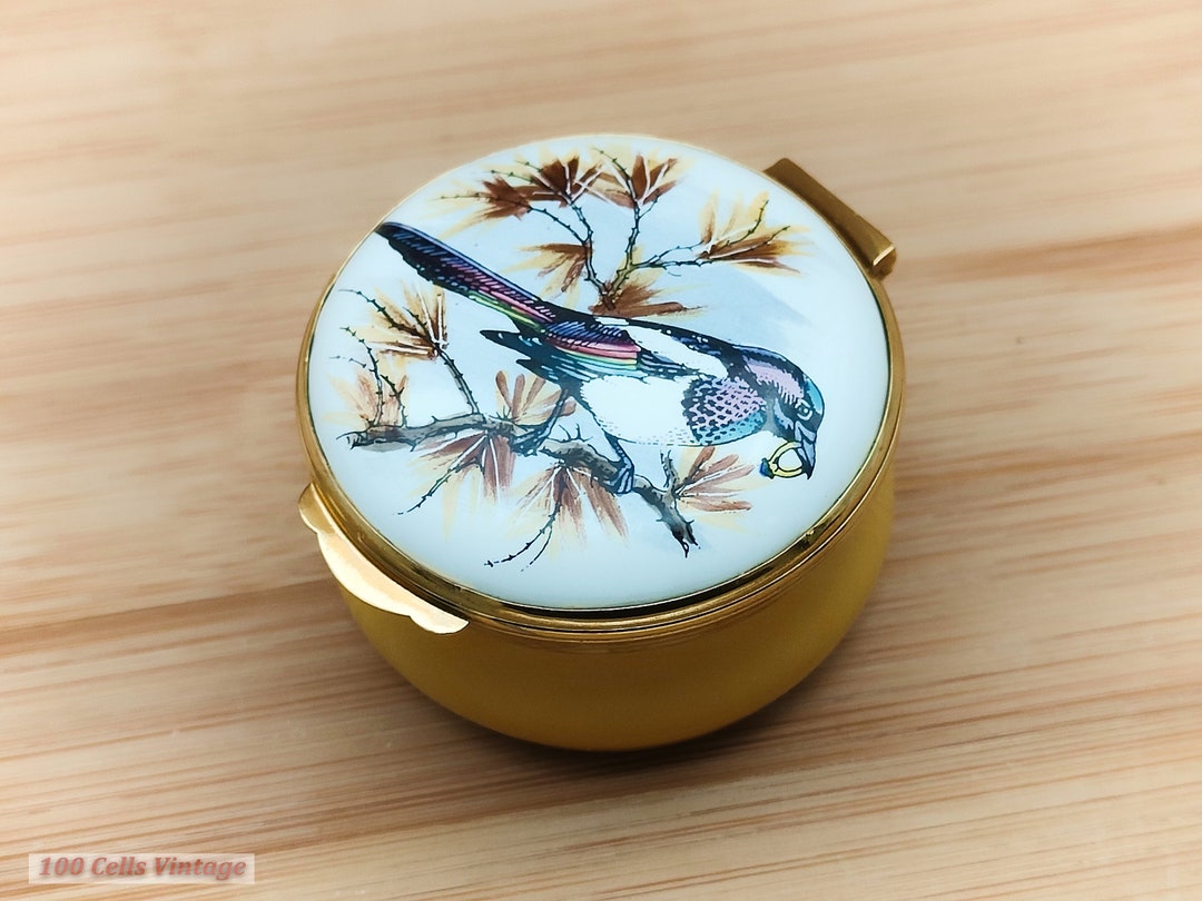 Magpie/bird-crummles Enamel-5cm-vintage Trinket/pill/snuff Box 1or Keepsake Box, Jewelry Box ...